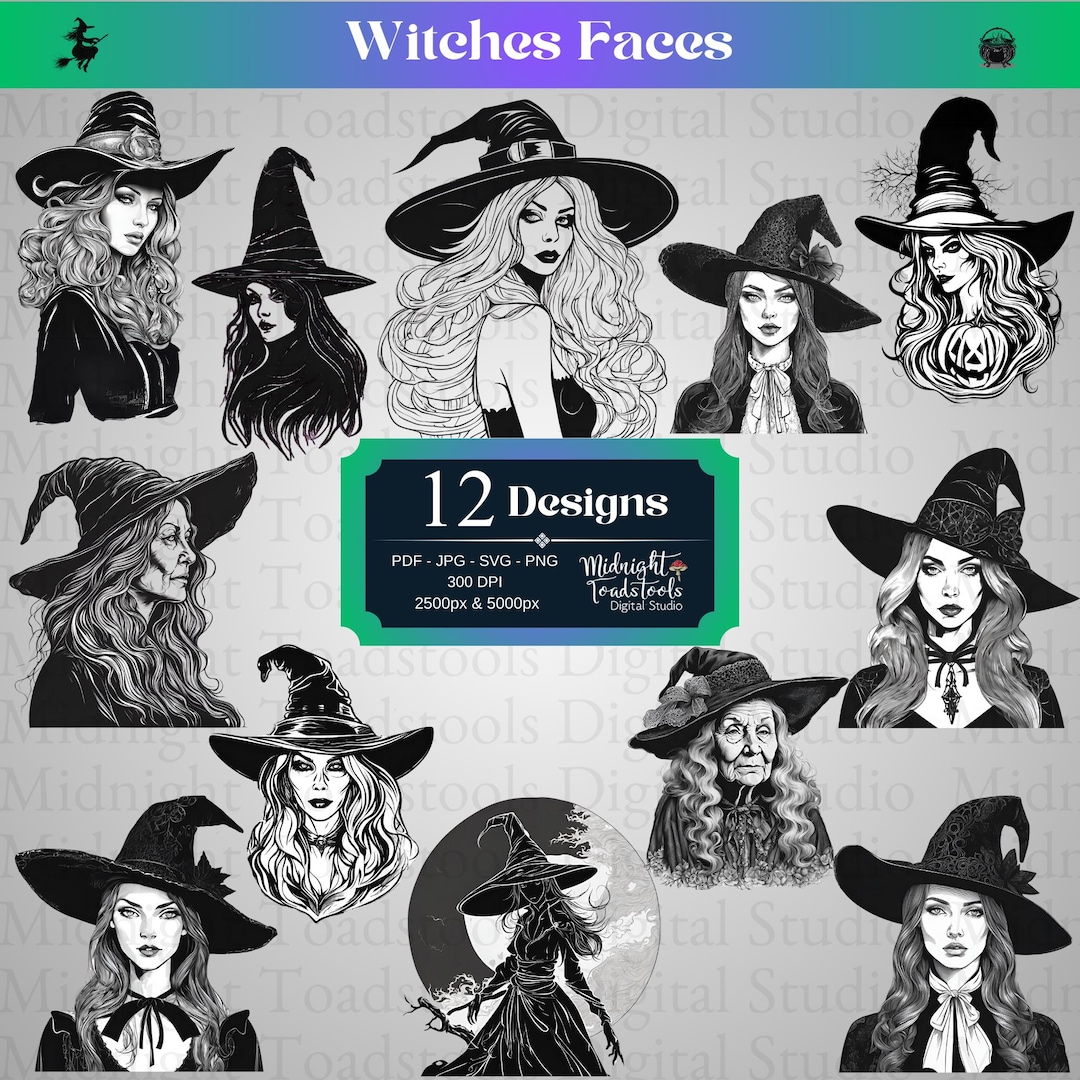 Witches Faces Halloween Clipart Black and White Drawing, Spooky, Craft ...