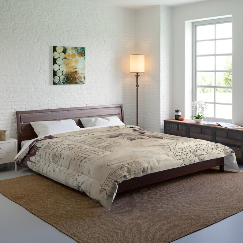 Vintage French Script Comforter: Botanical Floral Bedding Set - Etsy