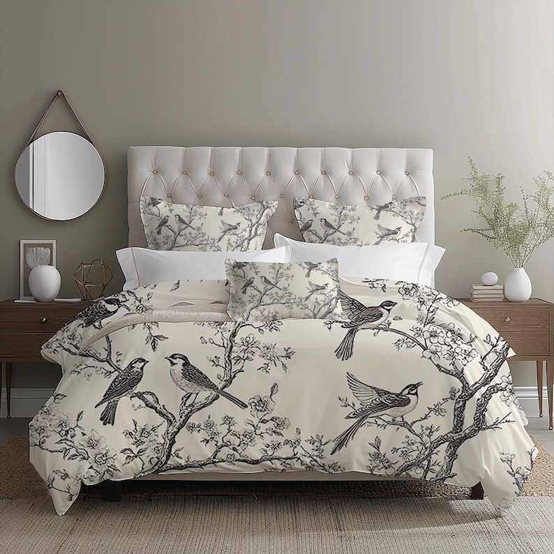 Vintage Bird Print Comforter Set: Chinoiserie Toile Bedding - Etsy