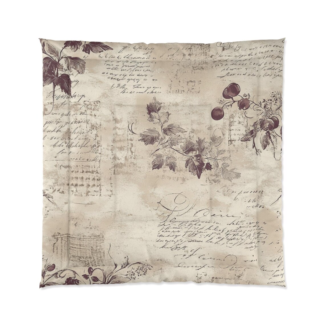 Vintage French Script Comforter: Botanical Floral Bedding Set - Etsy