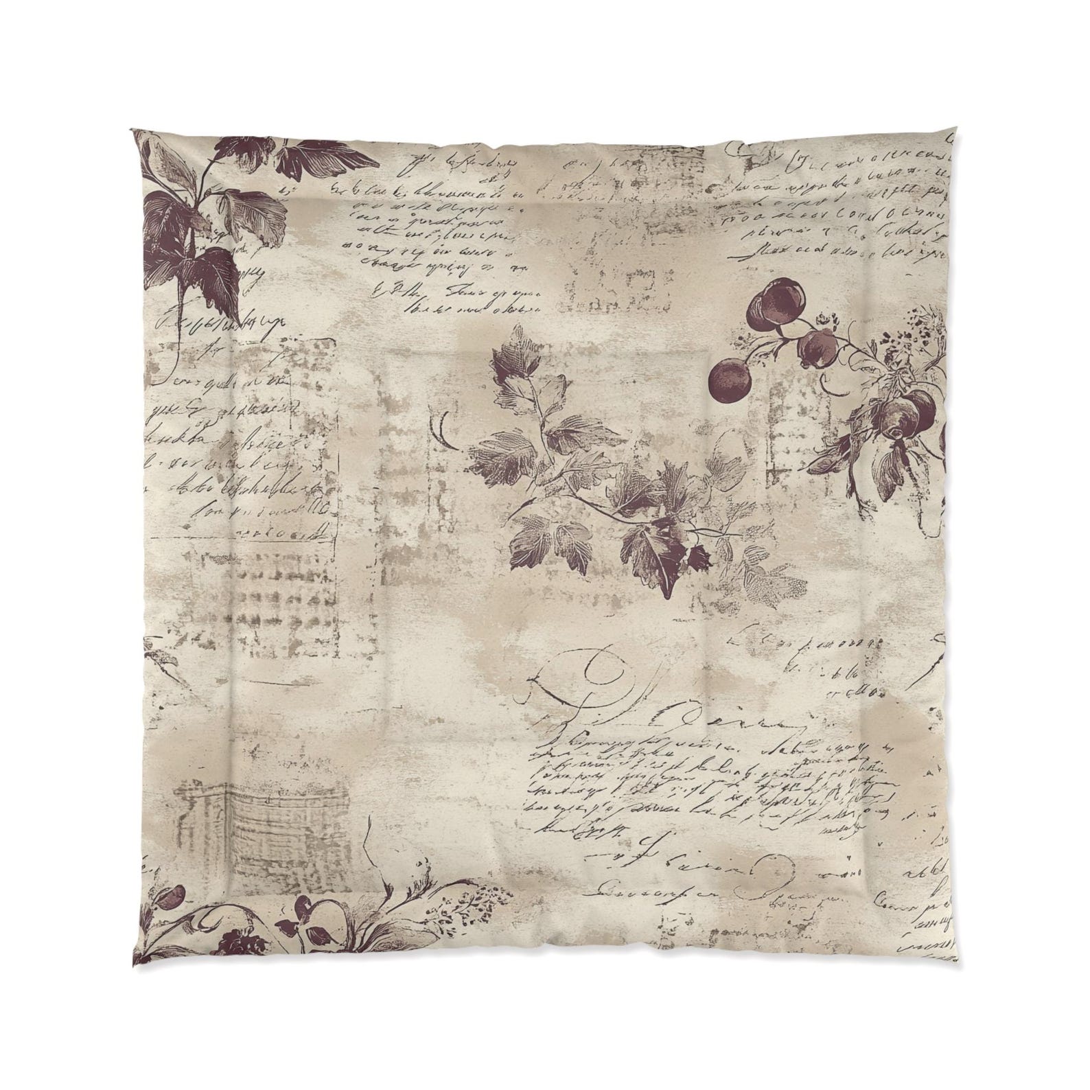 Vintage French Script Comforter: Botanical Floral Bedding Set - Etsy