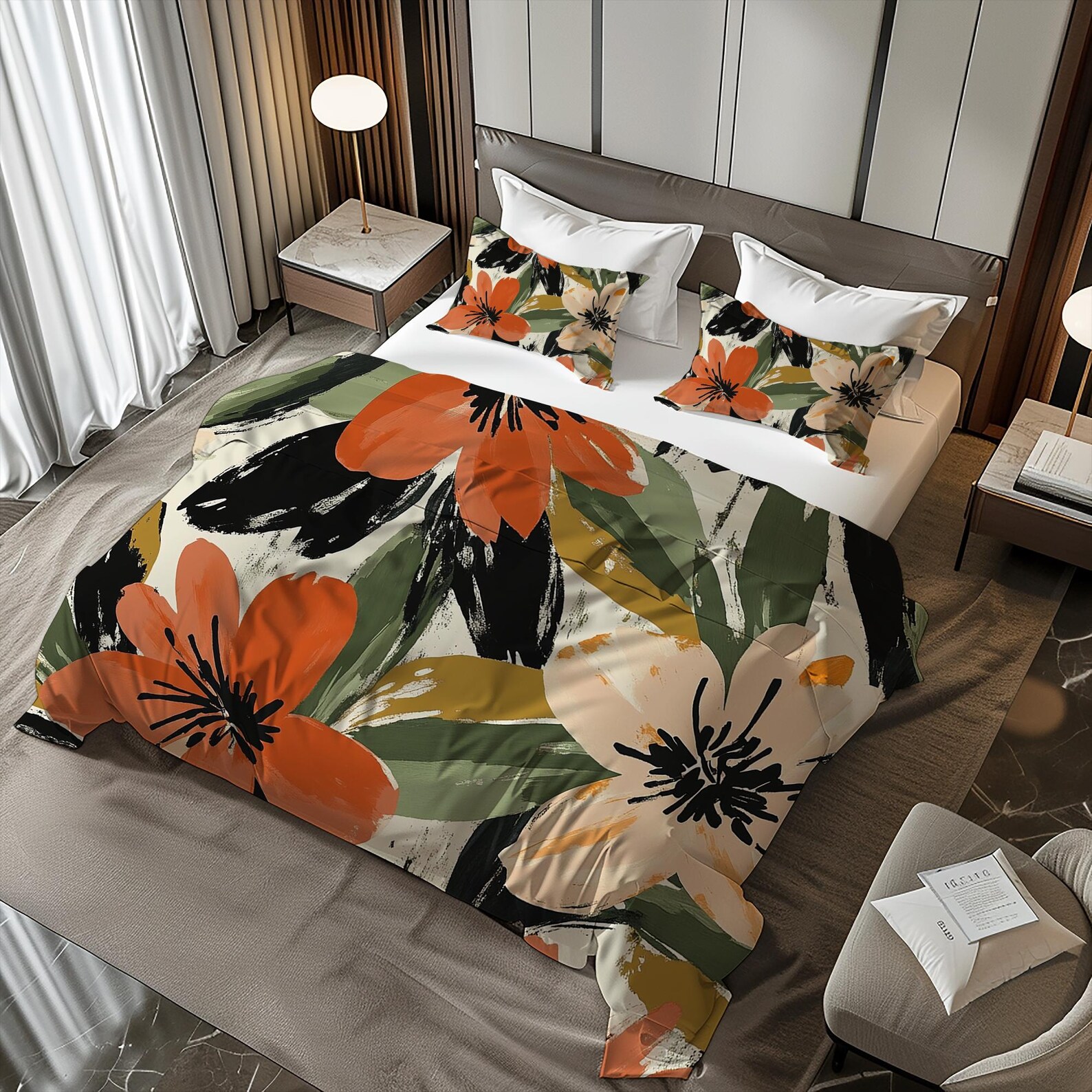 Bold Floral Comforter: Modern Botanical Bedding, Orange & Green - Etsy