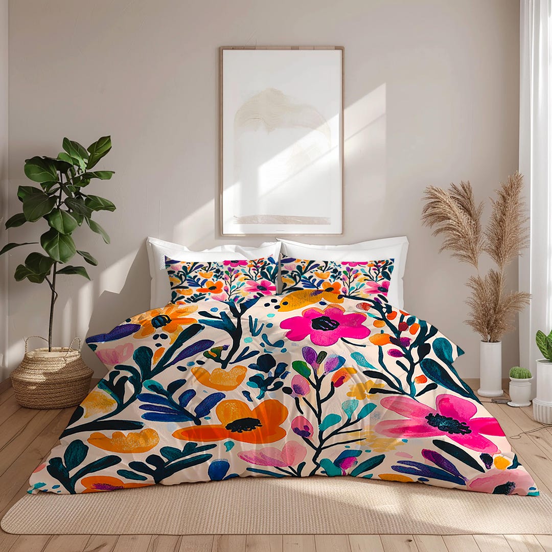 Watercolor Floral Comforter Set: Vibrant Boho Botanical Bedding - Etsy