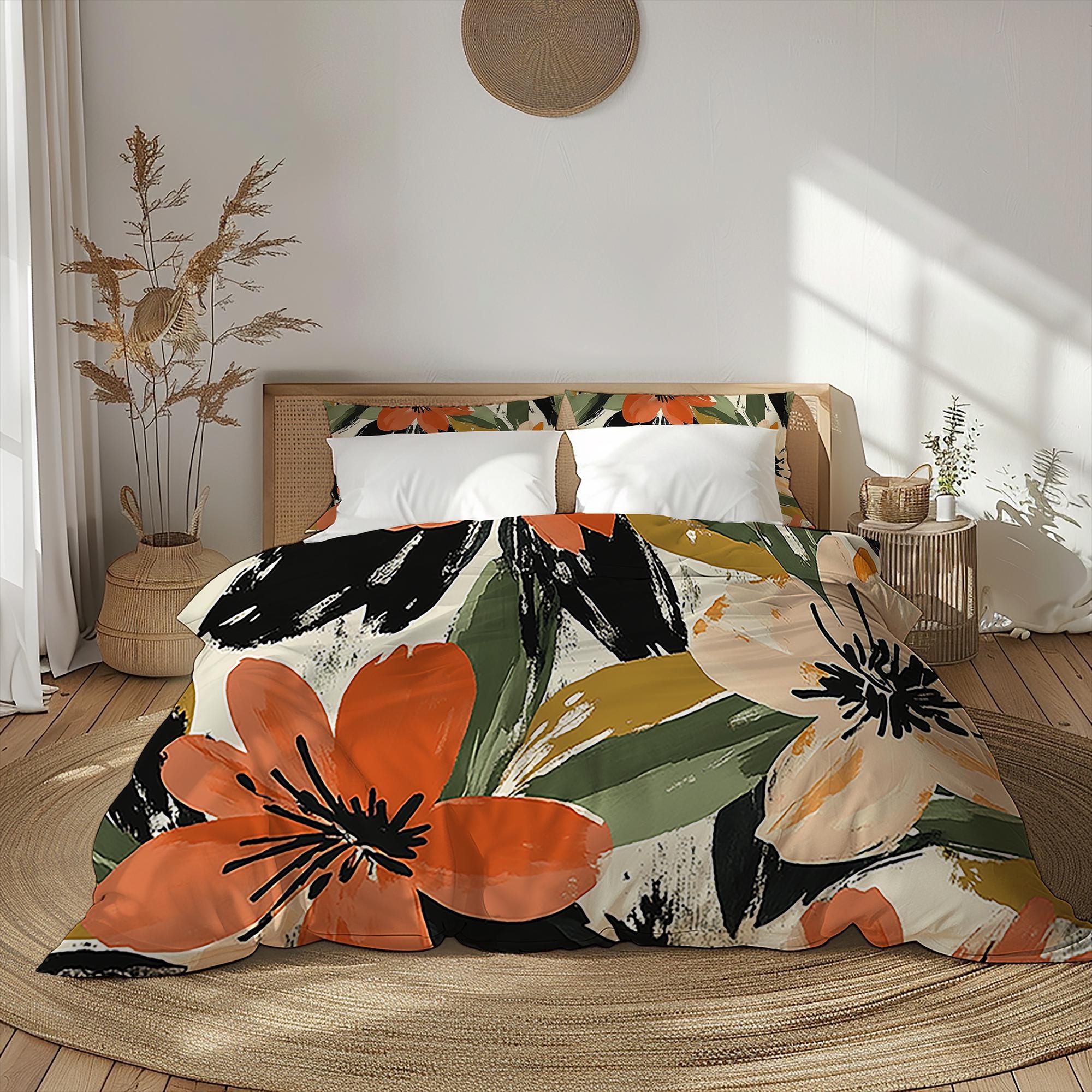 Bold Floral Comforter: Modern Botanical Bedding, Orange & Green - Etsy