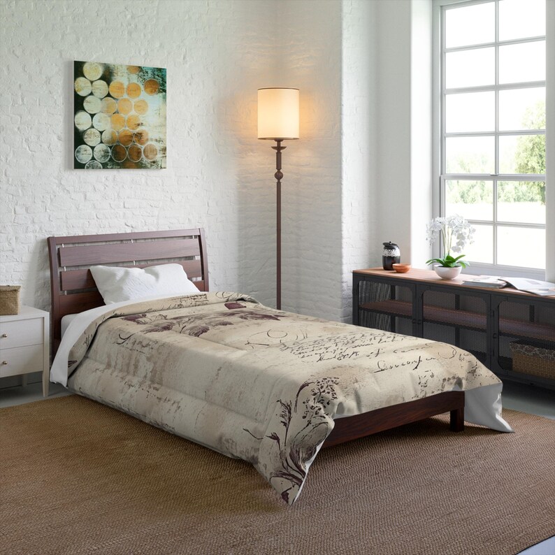 Vintage Botanical Print Comforter - French Script Floral Bedding ...