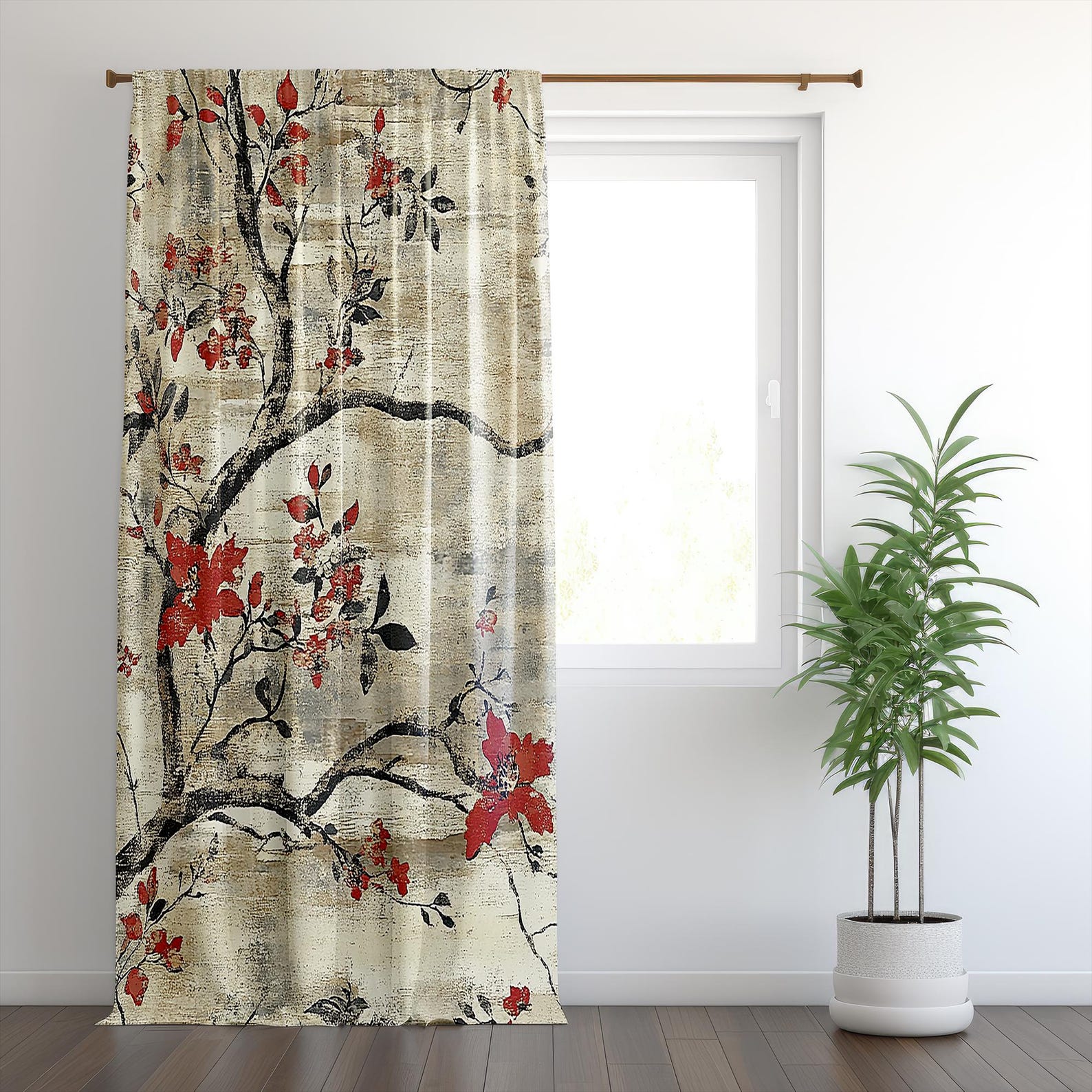 Chinoiserie Window Curtains, Vintage Red Accent Panel, 50x84, Home ...