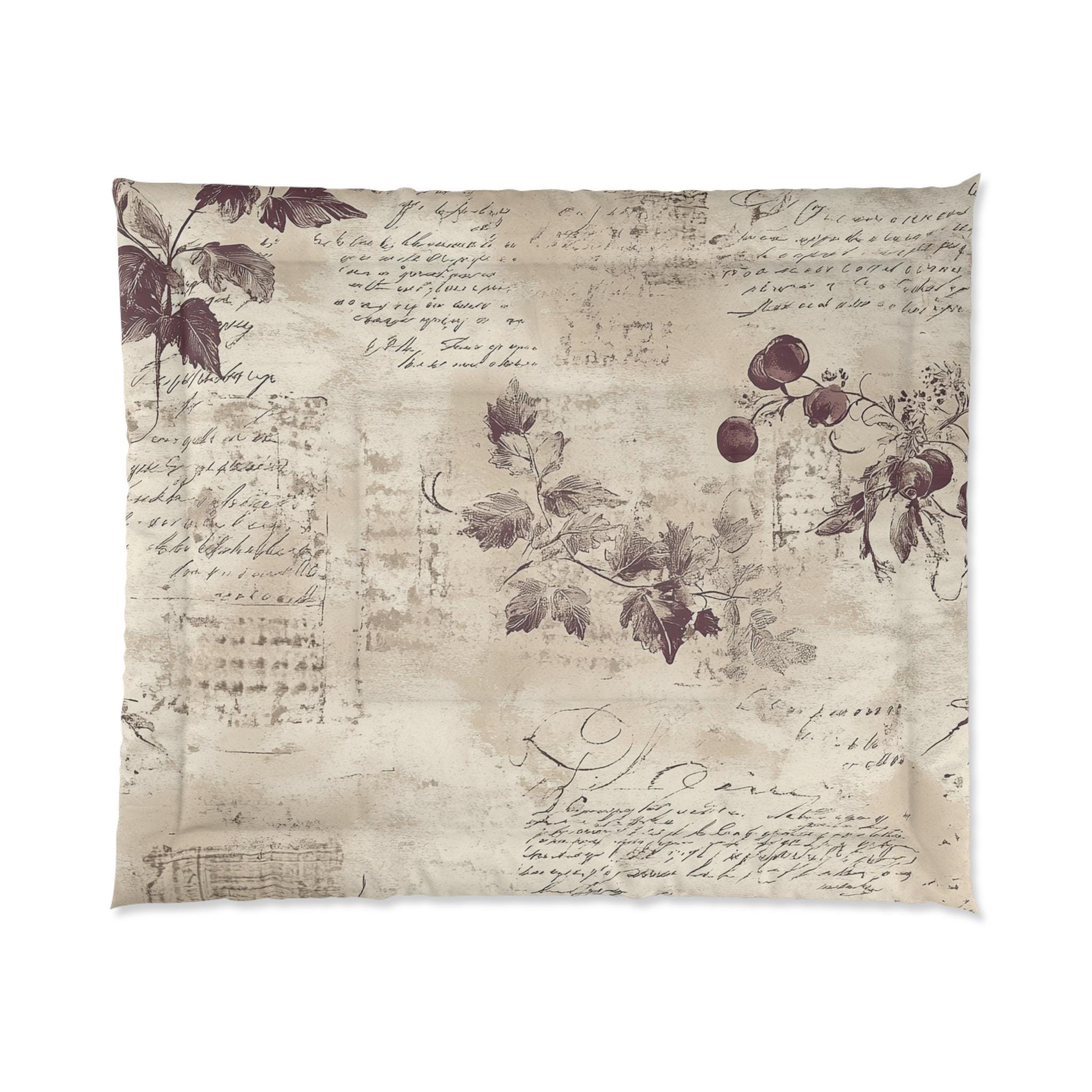 Vintage Botanical Print Comforter - French Script Floral Bedding ...
