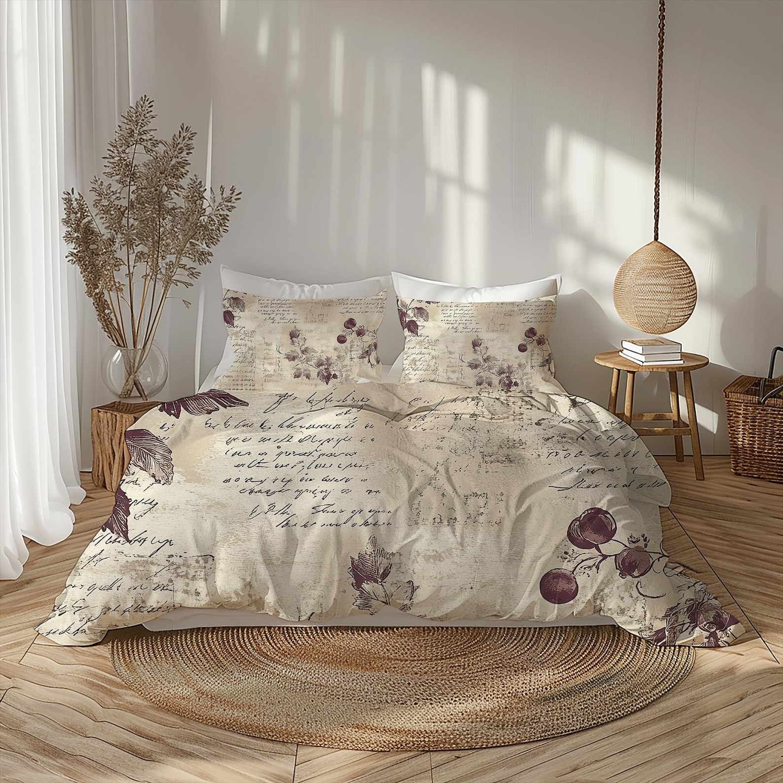 Vintage Botanical Print Comforter - French Script Floral Bedding ...