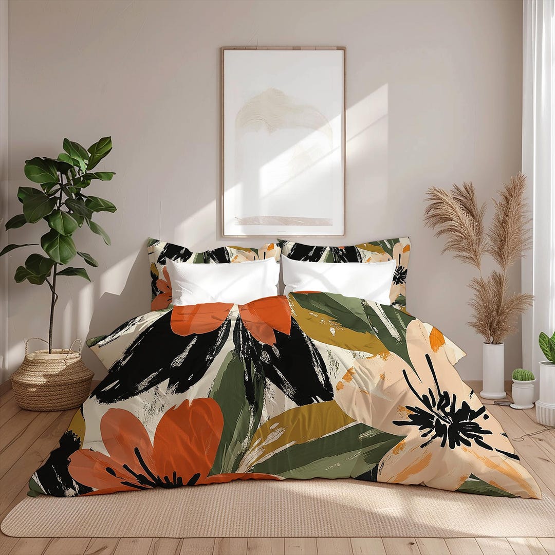 Bold Floral Comforter: Modern Botanical Bedding, Orange & Green - Etsy