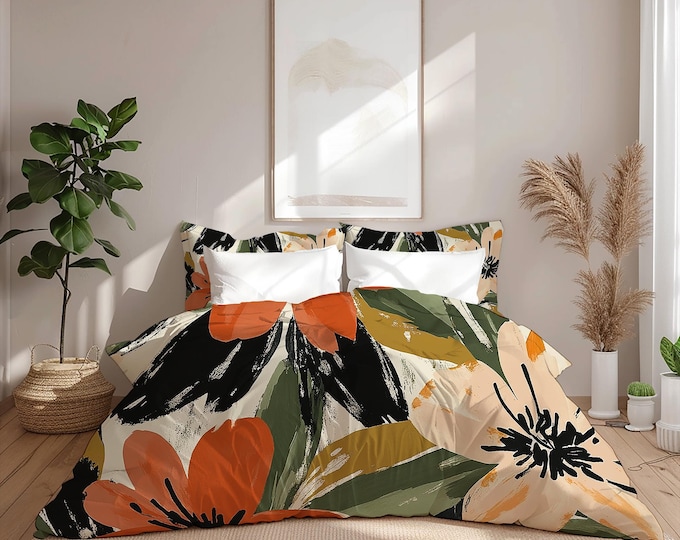 Bold Floral Comforter: Modern Botanical Bedding, Orange & Green - Etsy