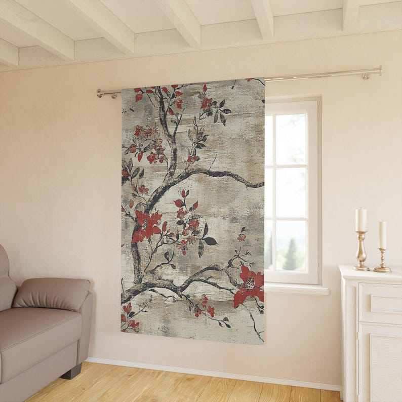 Chinoiserie Window Curtains, Vintage Red Accent Panel, 50x84, Home ...
