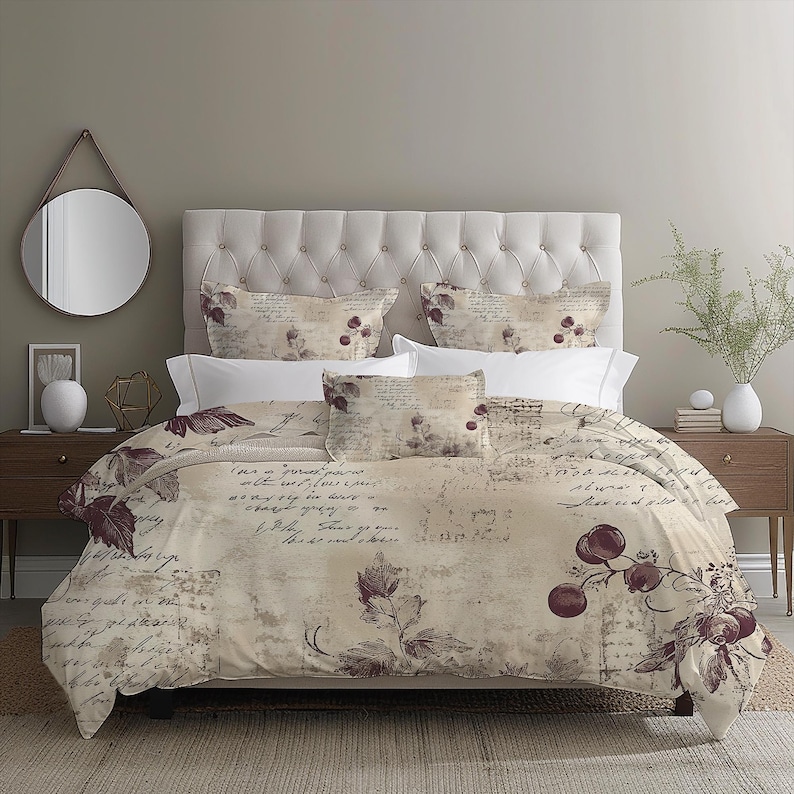 Vintage Botanical Print Comforter - French Script Floral Bedding ...