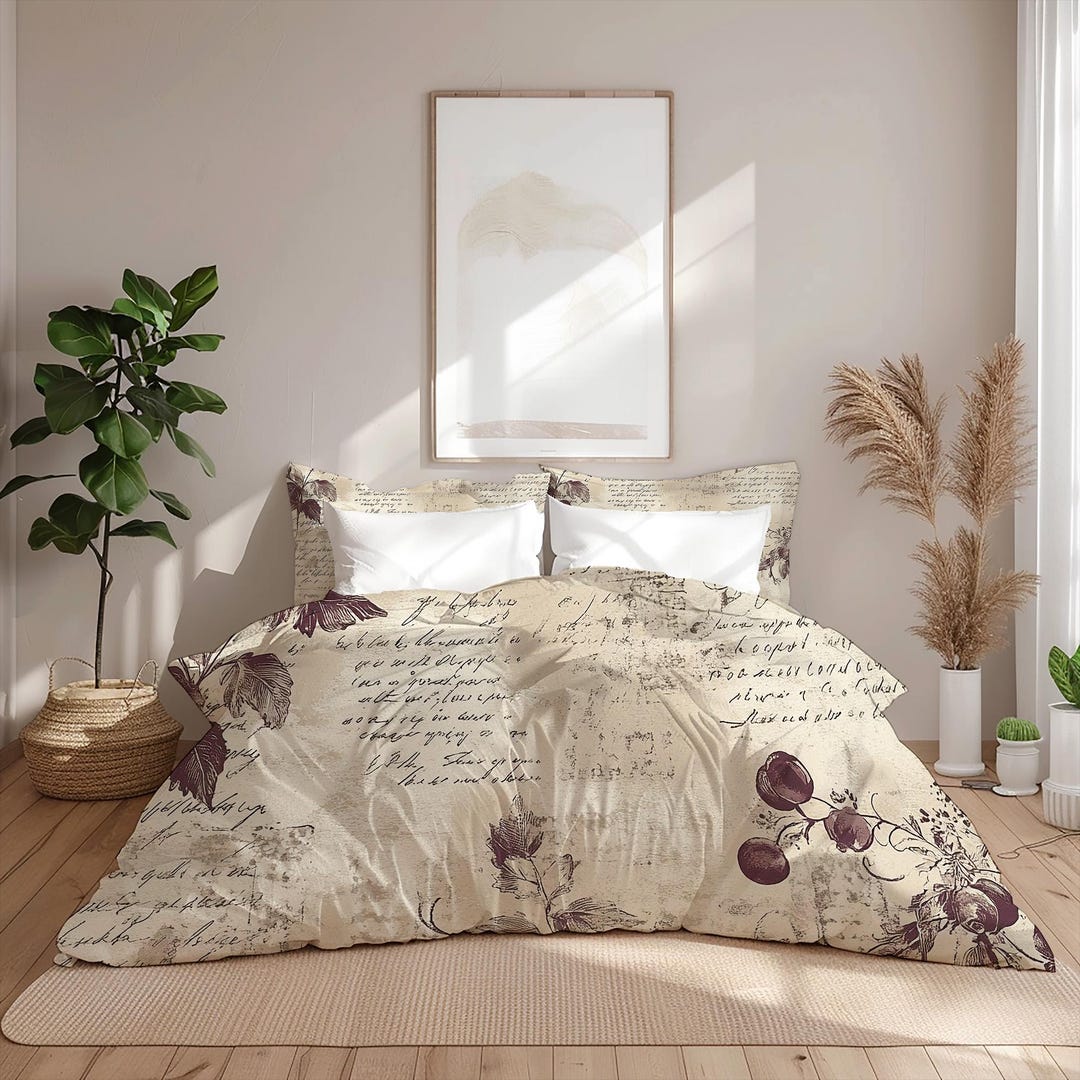 Vintage French Script Comforter: Botanical Floral Bedding Set - Etsy