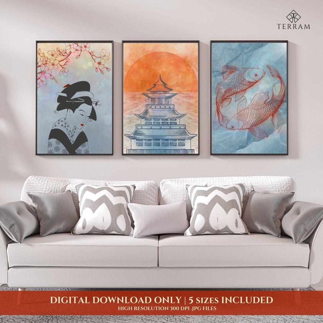 Asian Sunset Printable Wall Art Geisha Drawing Koi Fish Art Asian ...