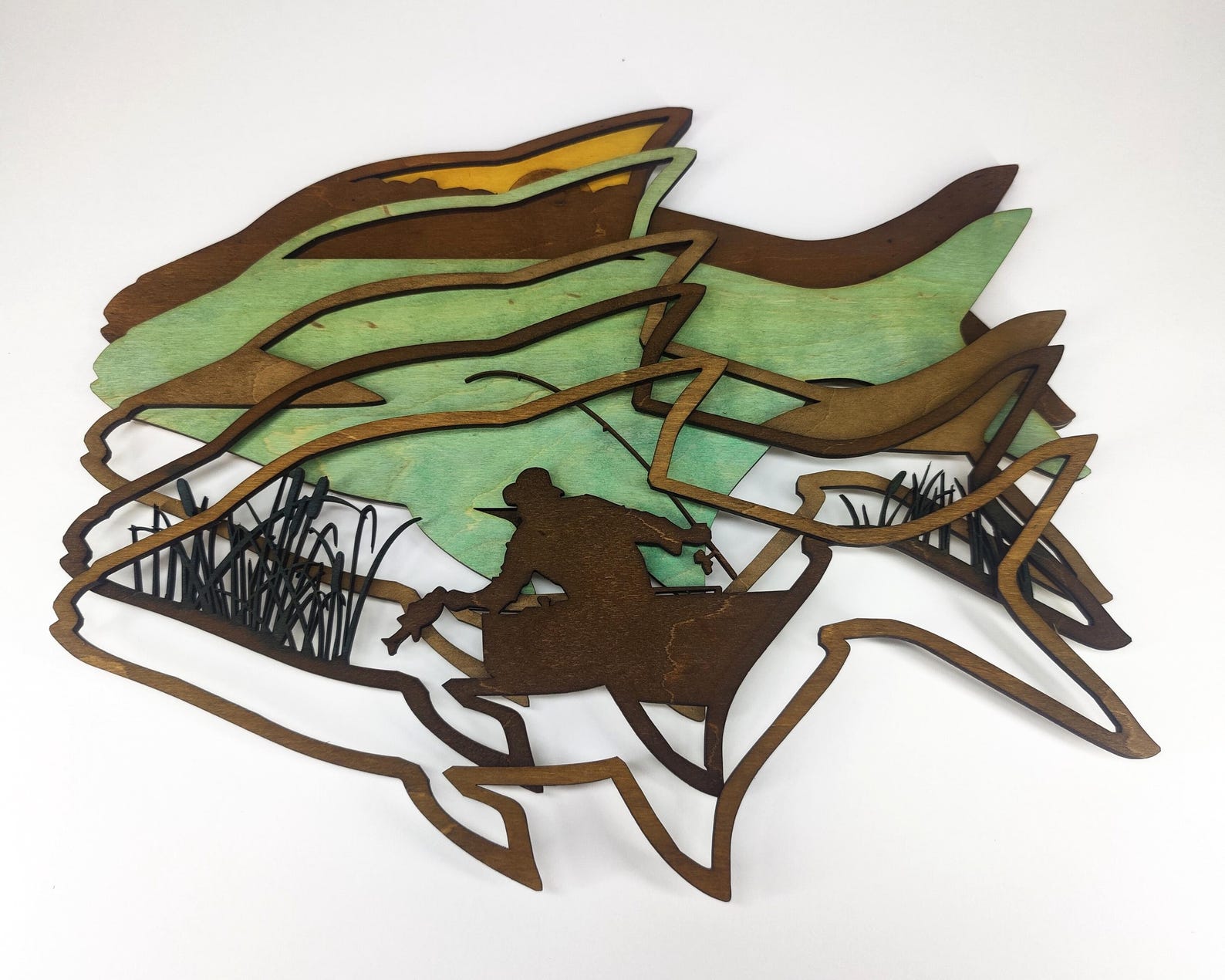 3D Wood Fish Art, Layered Fisherman Scene, Glowforge SVG, PDF (digital ...