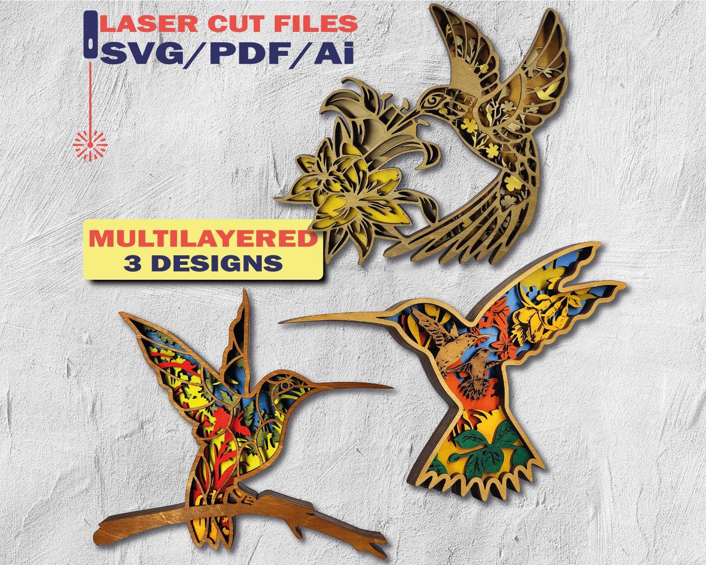 Hummingbird Flowers SVG, Hummingbird Laser Cut File, 3D Layer, Plywood ...