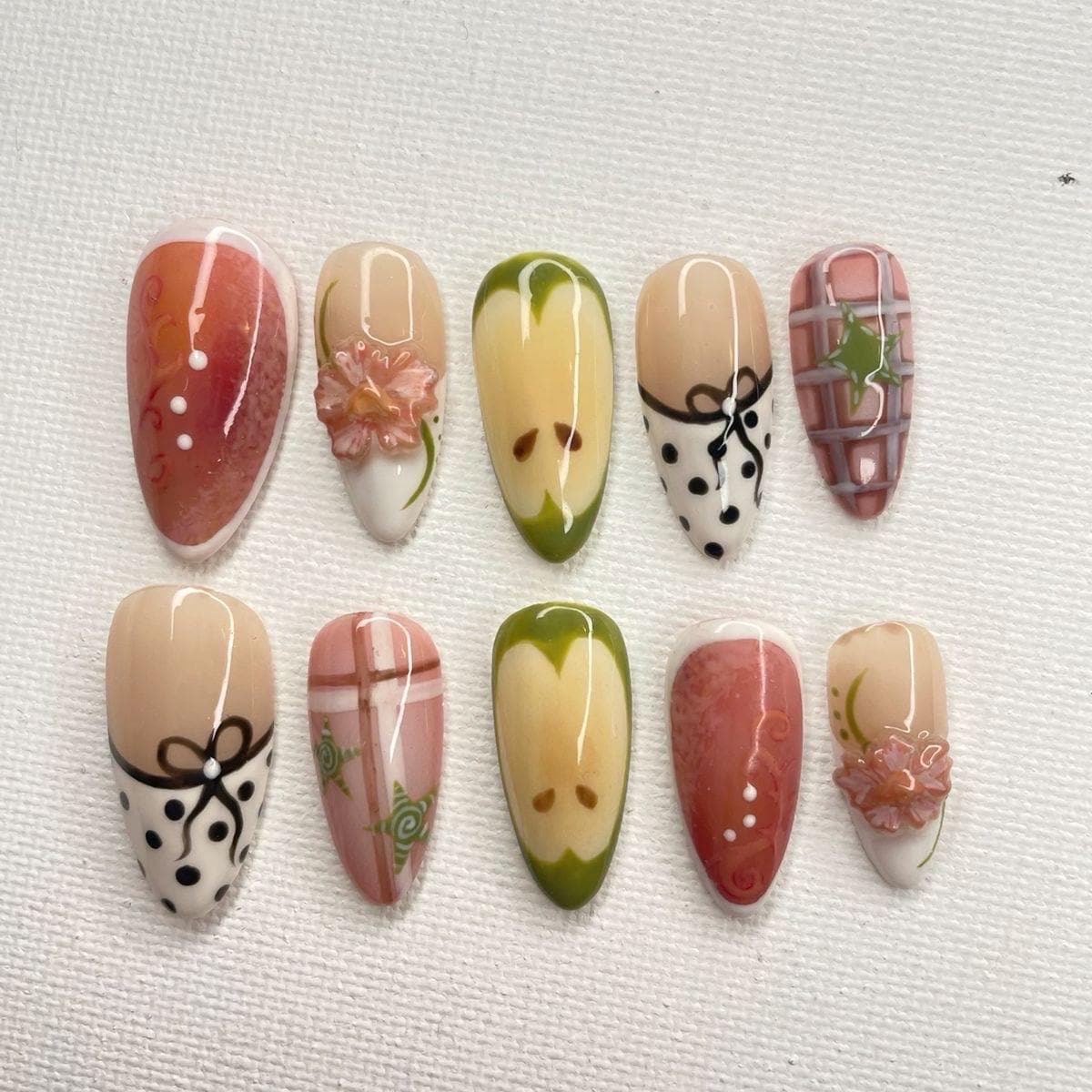 Spring Apple Inspired Press on Nails - Pink Gingham Fruit Flower Nails ...