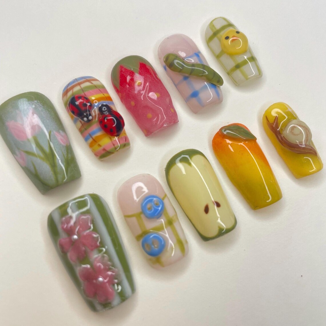 Spring Picnic Inspired Press on Nails - Pink Gingham Fruit Bug Nails - Etsy