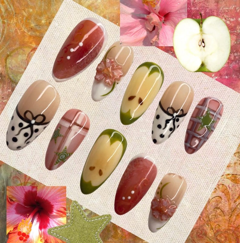 Spring Apple Inspired Press on Nails - Pink Gingham Fruit Flower Nails ...
