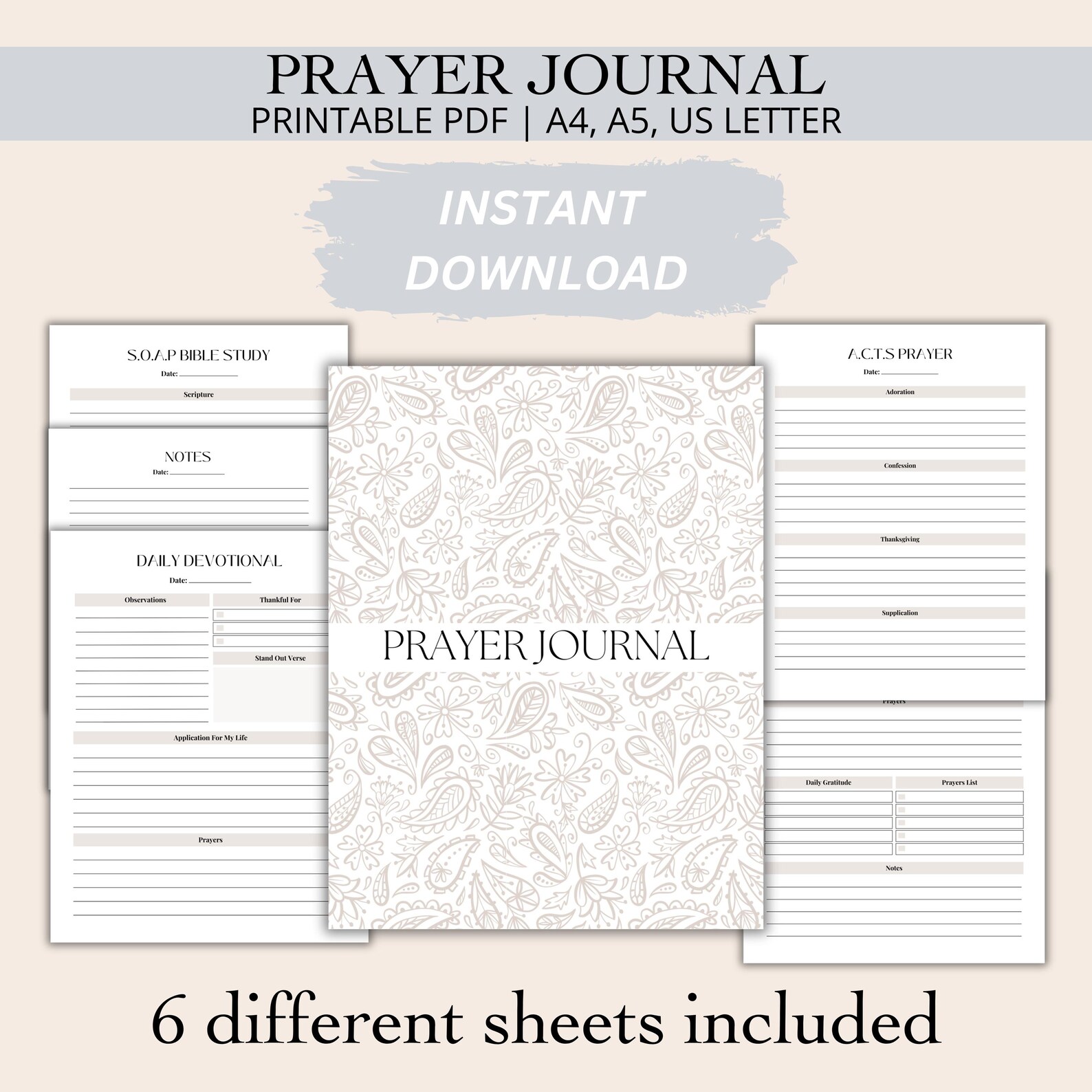 Digital Tan Paisley Daily Prayer Faith Journal Planner Bible Study ...
