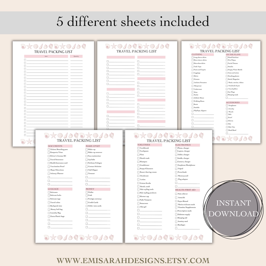 Digital Printable Travel Packing List Print at Home Vacation Organizer ...