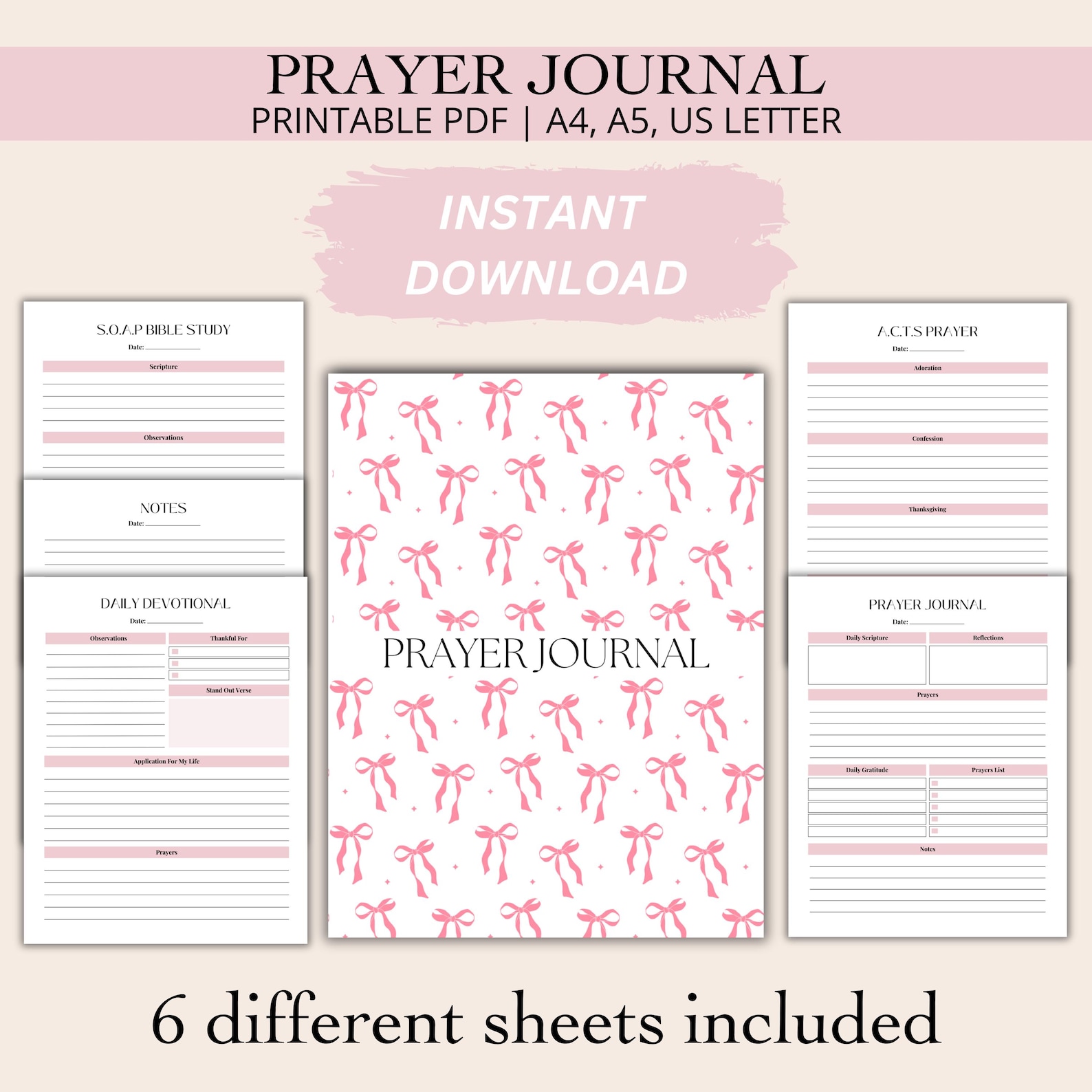 Coquette Bow Prayer Journal Digital Daily Bible Study Printable Planner ...