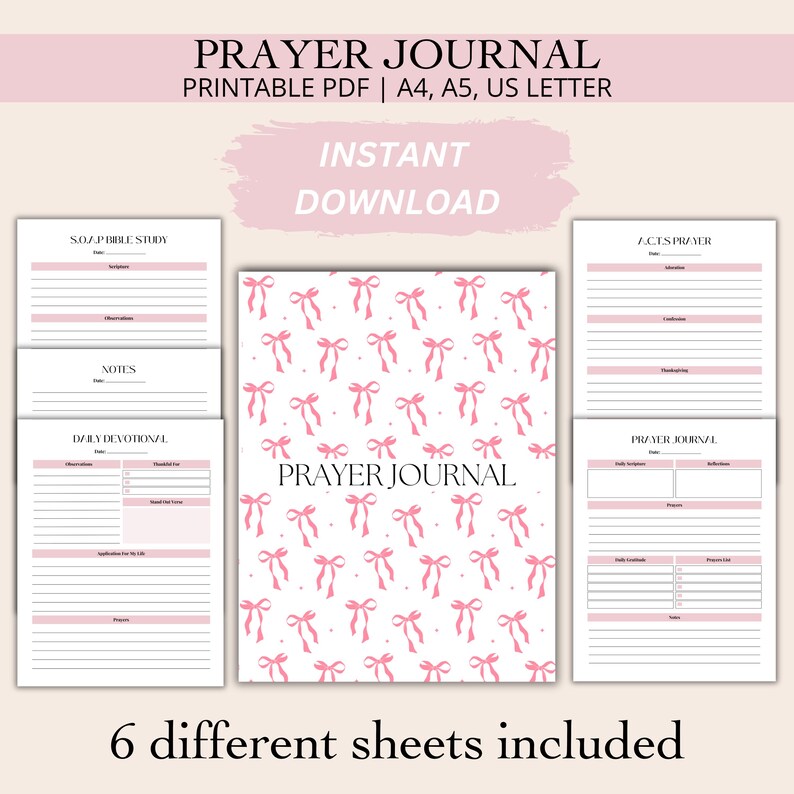 Coquette Bow Prayer Journal Digital Daily Bible Study Printable Planner ...