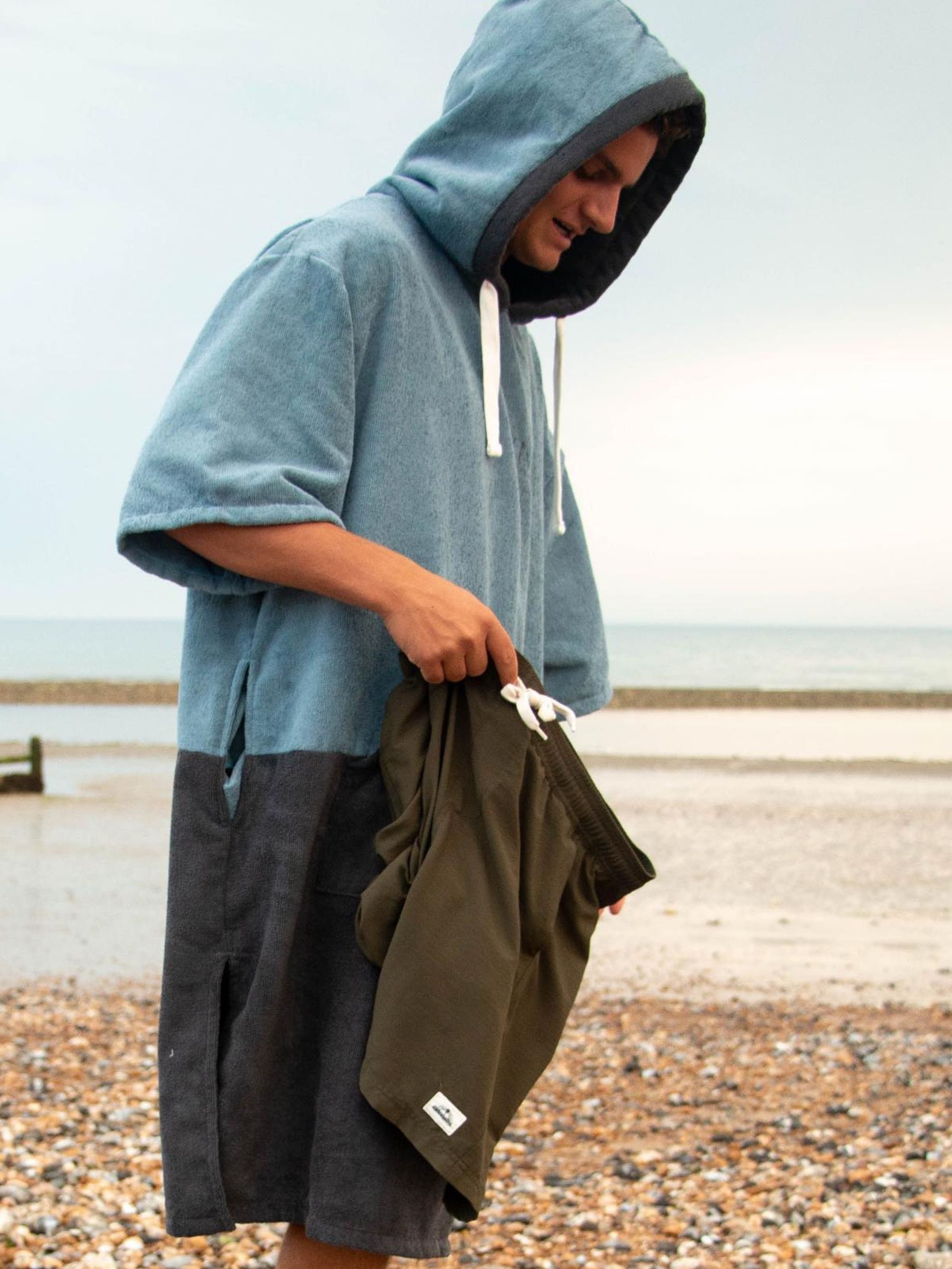 Beach Changing Poncho Towel in Blue & Grey | Cosy Cover up After Swim ...