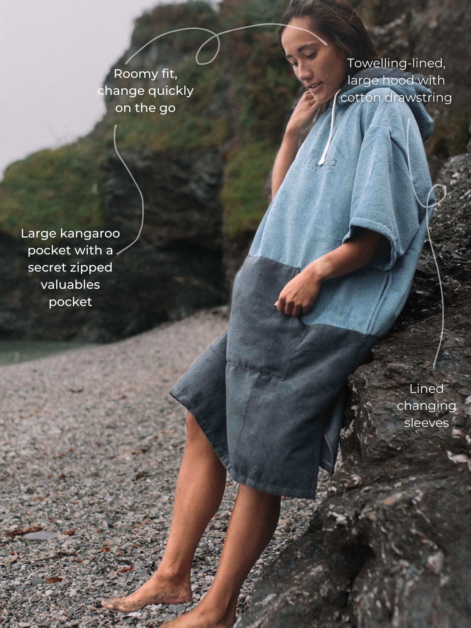 Beach Changing Poncho Towel in Blue & Grey | Cosy Cover up After Swim ...
