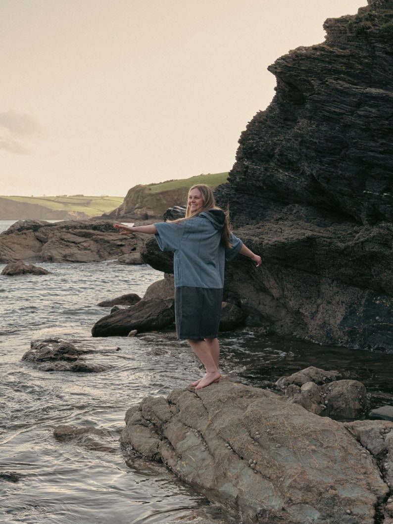 Beach Changing Poncho Towel in Blue & Grey | Cosy Cover up After Swim ...