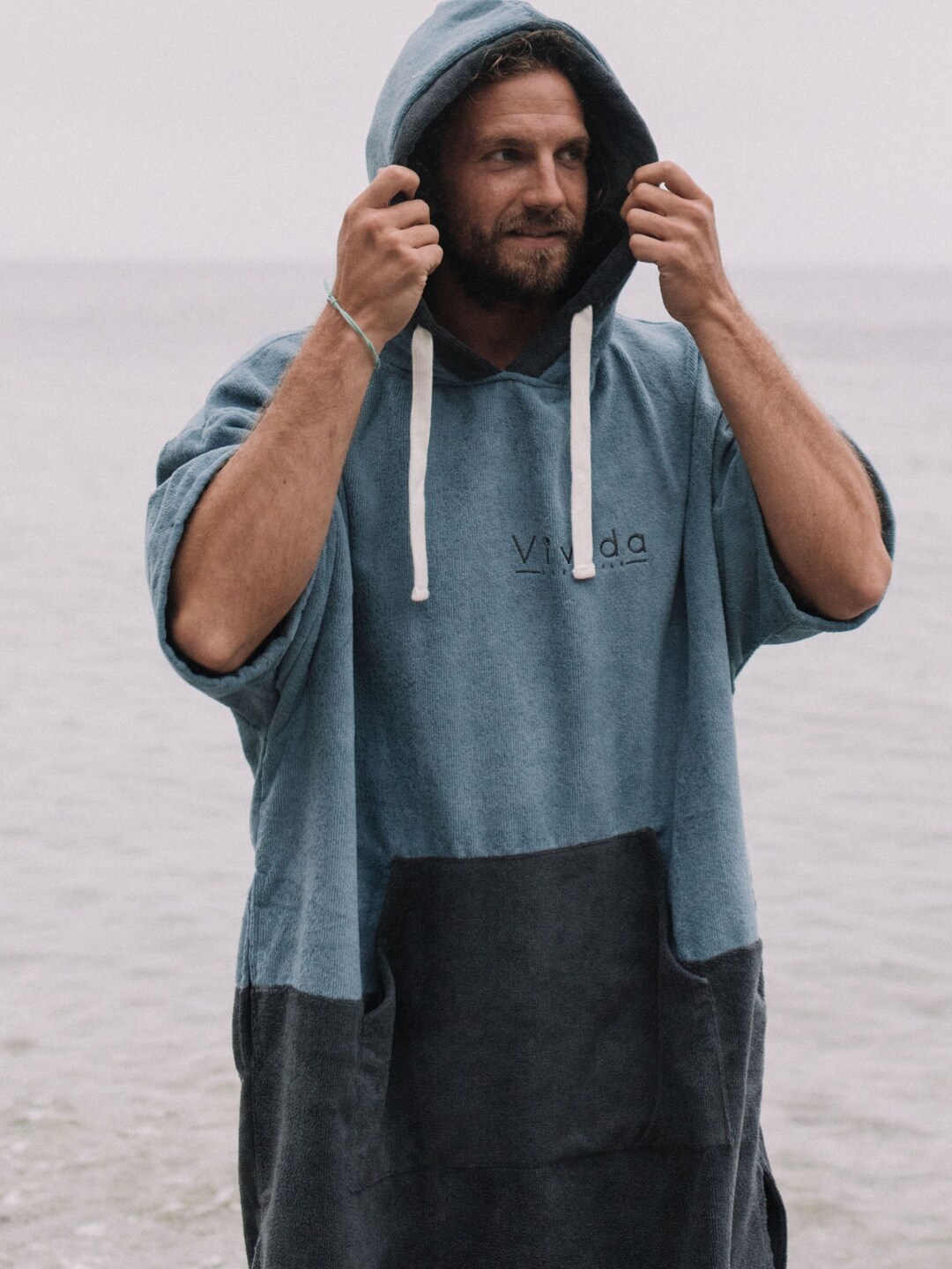 Beach Changing Poncho Towel in Blue & Grey | Cosy Cover up After Swim ...