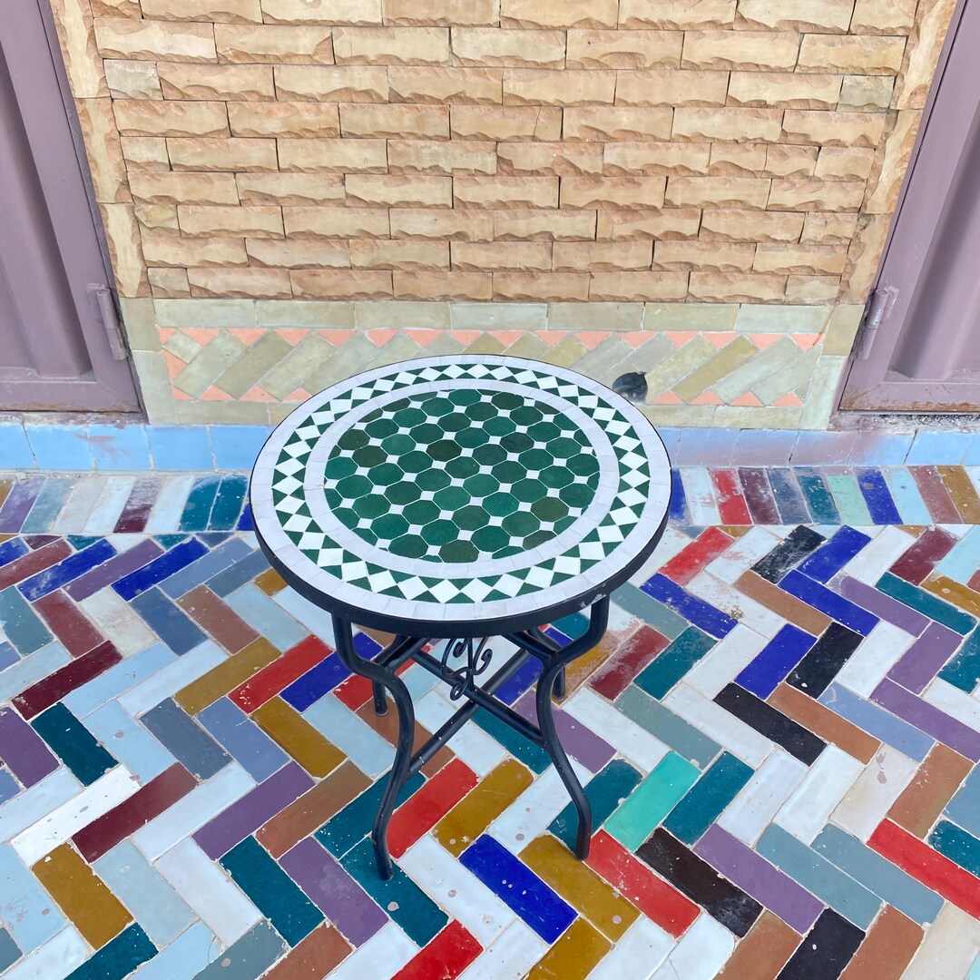 Handmade Moroccan Mosaic Table - Round Green & White Zellige Tile Top ...
