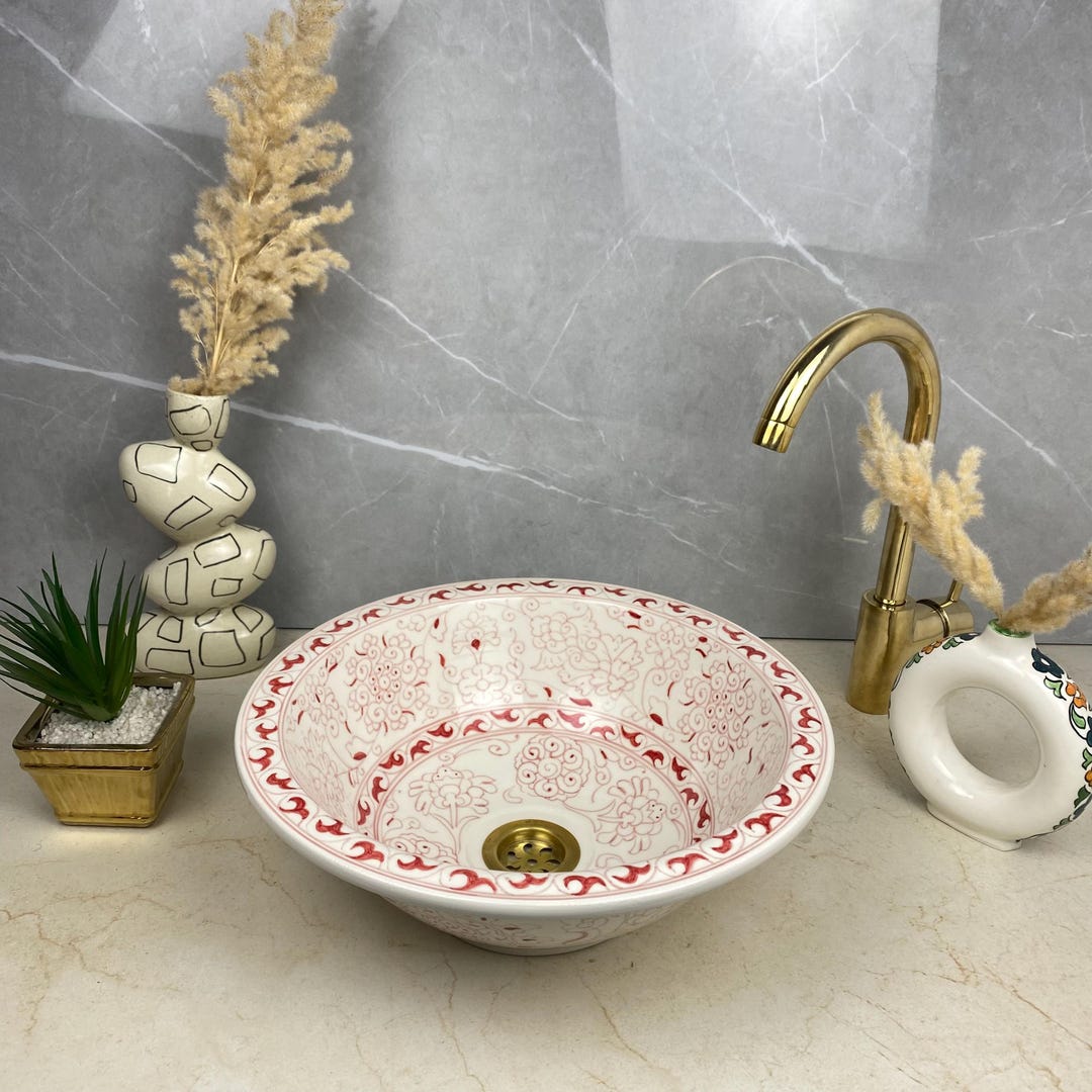 Hand-painted Ceramic Sink With Red Floral Motif and Gold Drain ...