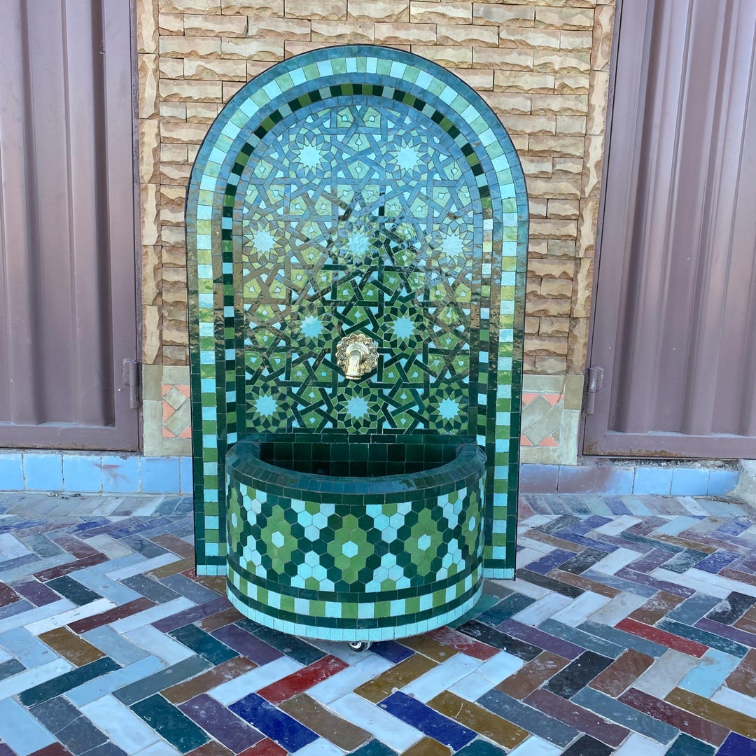 Handmade Moroccan Zellige Mosaic Fountain - Green Minimalist Water ...