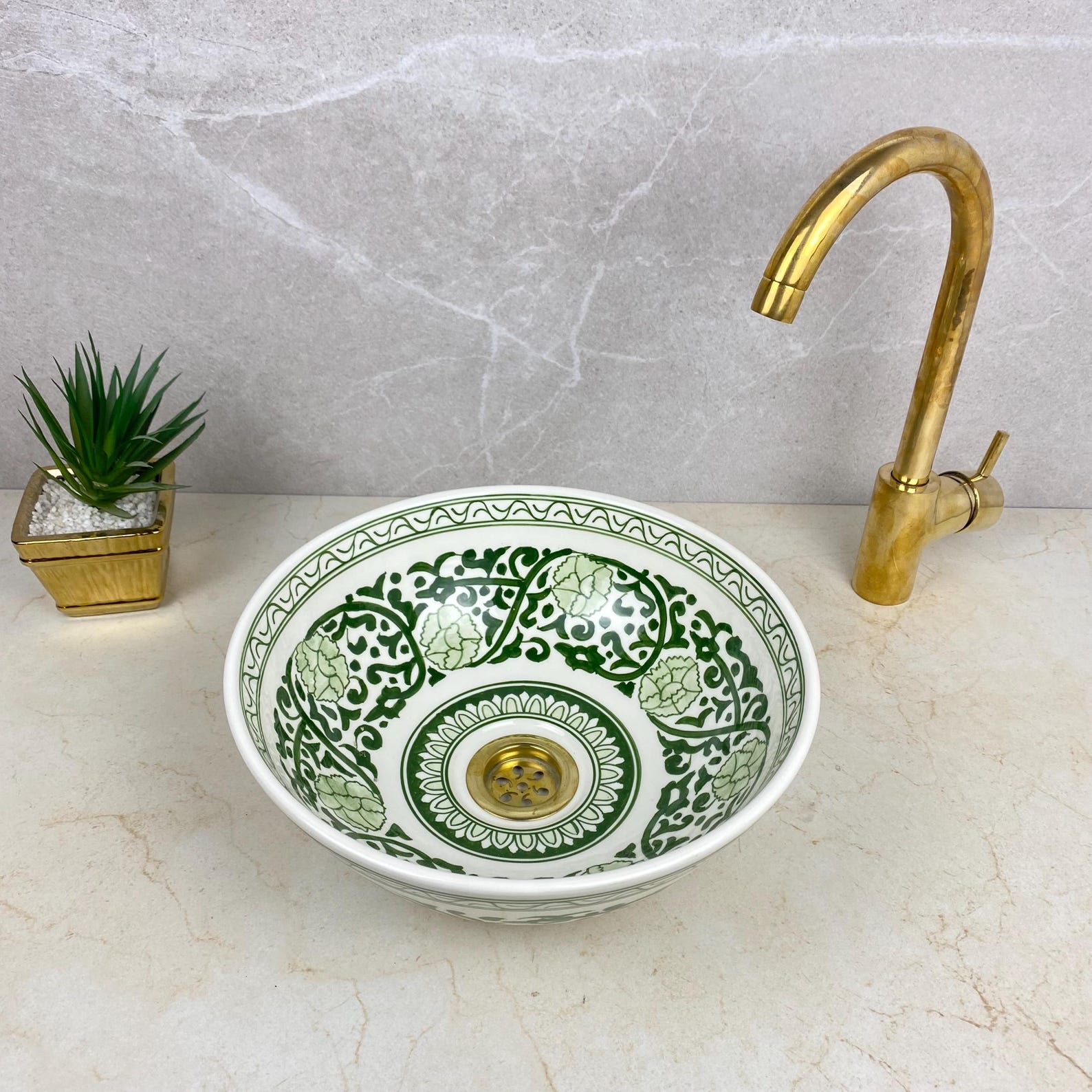 Handcrafted Green Floral Ceramic Sink – Elegant Bathroom Vessel Basin ...