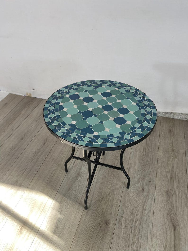 Handmade Moroccan Zellige Table – Green & Teal Mosaic Round Table ...