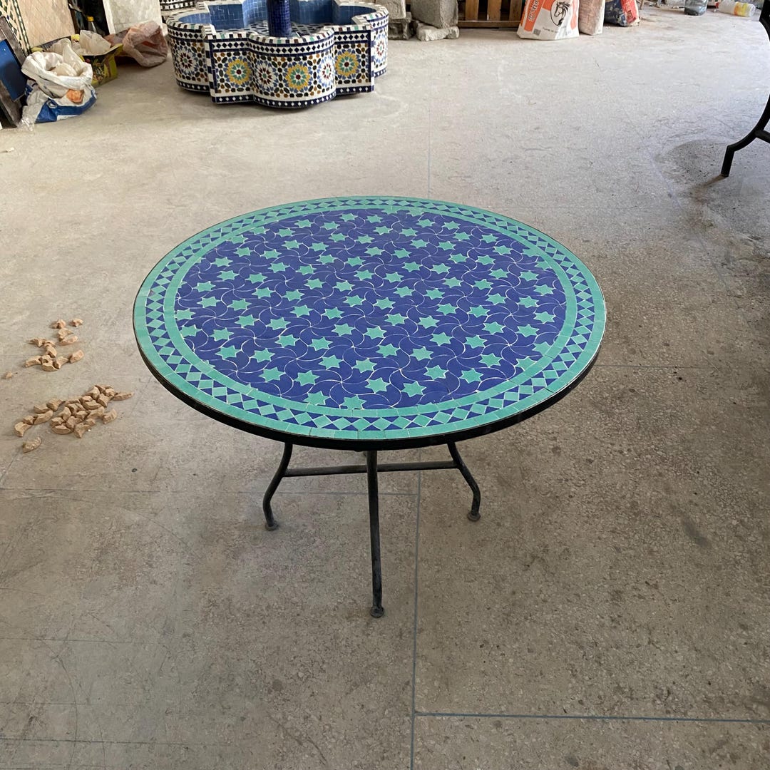Handmade Zellij Tile Top , Blue Tile Outdoor Bistro Furniture , Round ...