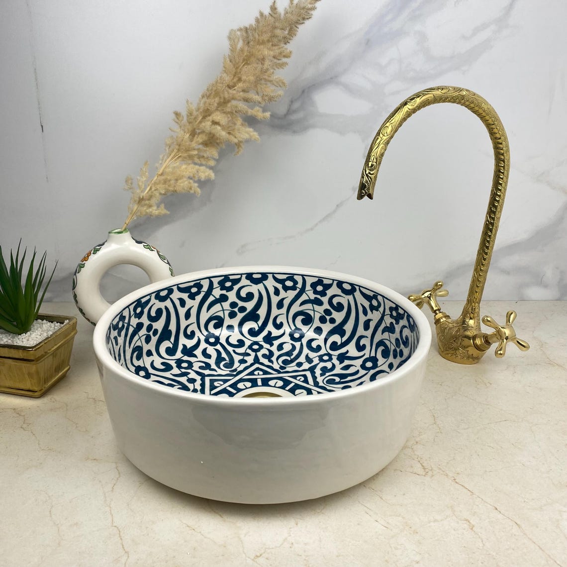 Custom Made Natural Blue Modern Flower Bathroom Vessel Washbasin ...