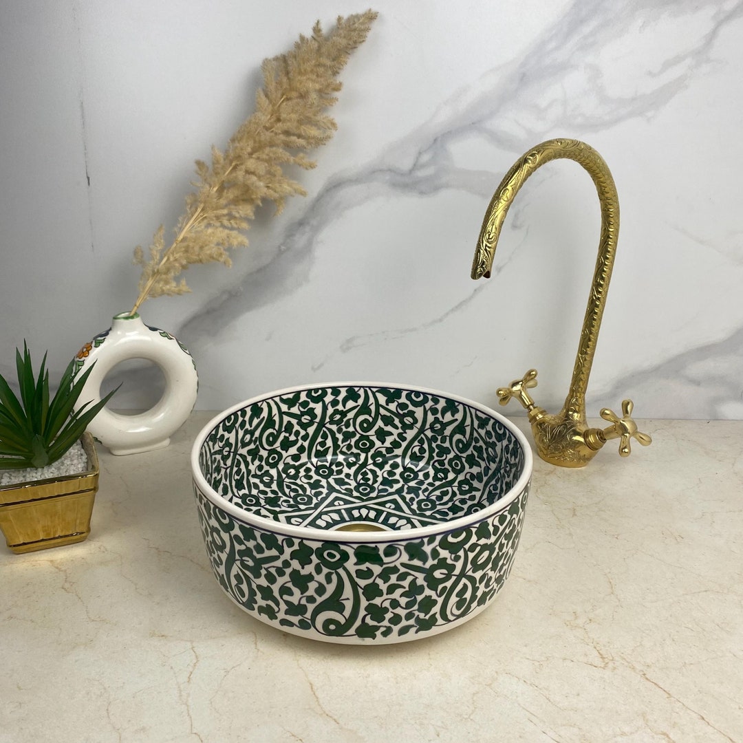 Custom Made Emerald Green Ceramic Sink Mid Century Rustic Basin Sink ...