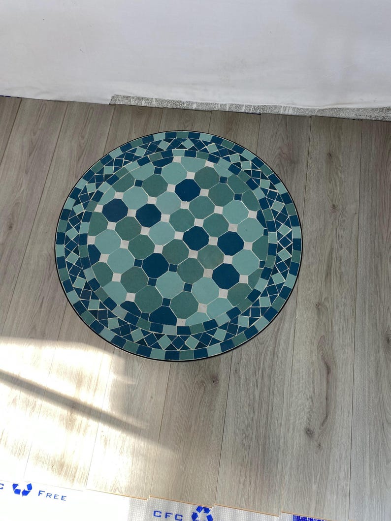 Handmade Moroccan Zellige Table – Green & Teal Mosaic Round Table ...