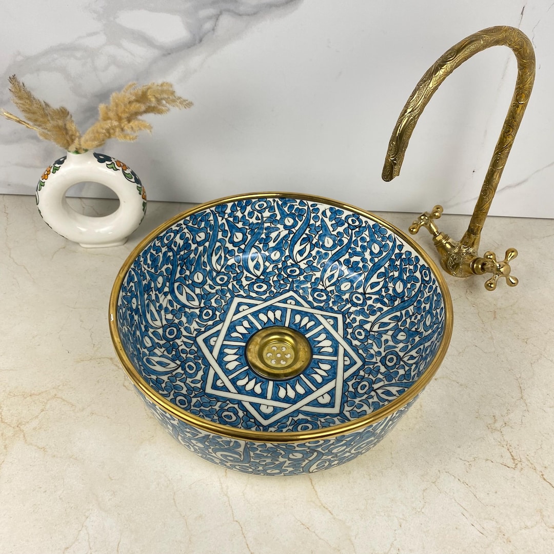 Custom Made Luxury Bathroom Sink - Blue 14k Gold Rim - Washbasin ...
