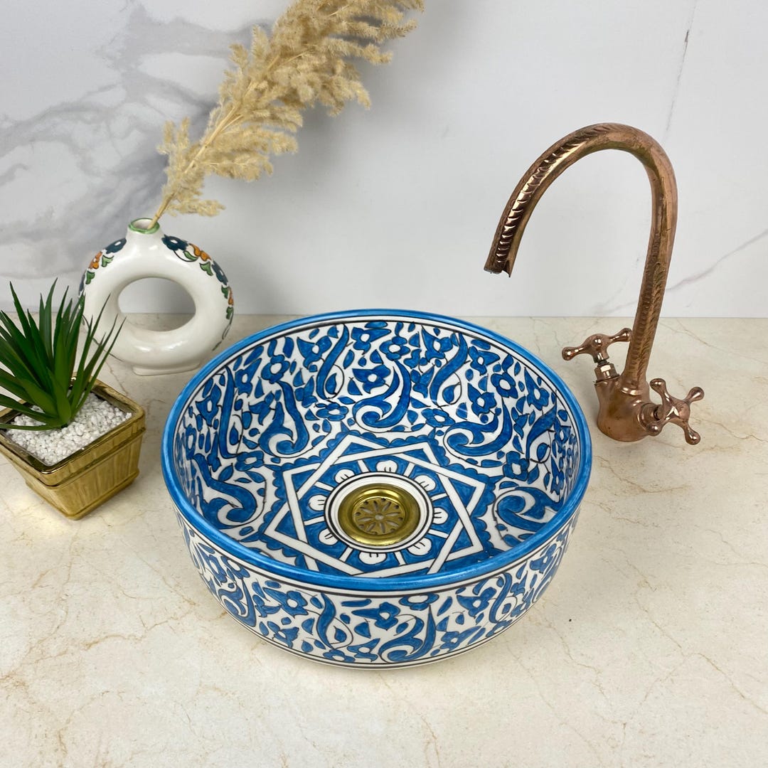 Terquoise Blue Ceramic Sink -basin With Mid-century Modern -artisan ...