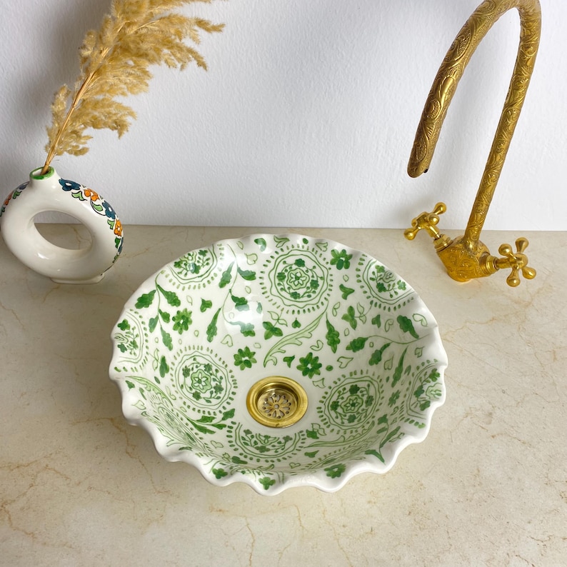 Seige Green Ceramic Sink, Handmade Bathroom Vessel Sink, Moroccan ...