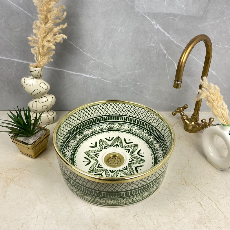 Green Moroccan SHEBKA Ceramic Vessel Sink - Brass Rim Boho Bathroom ...