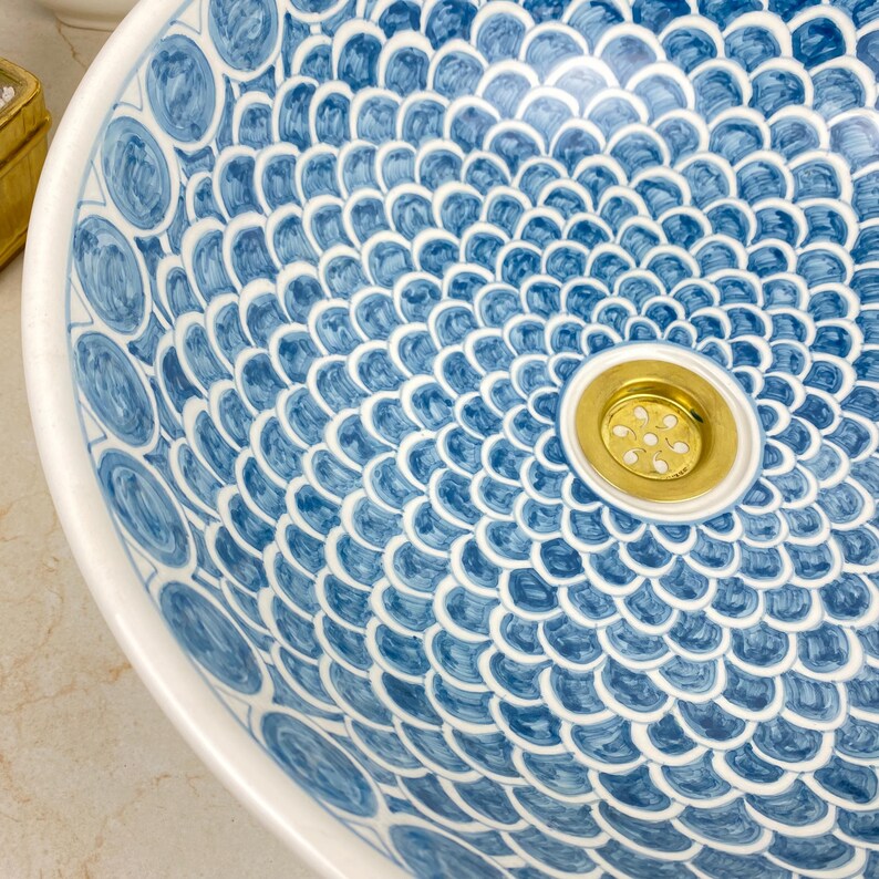 Blue and White Ceramic Wash Basin With White Rim Handmade Moroccan ...