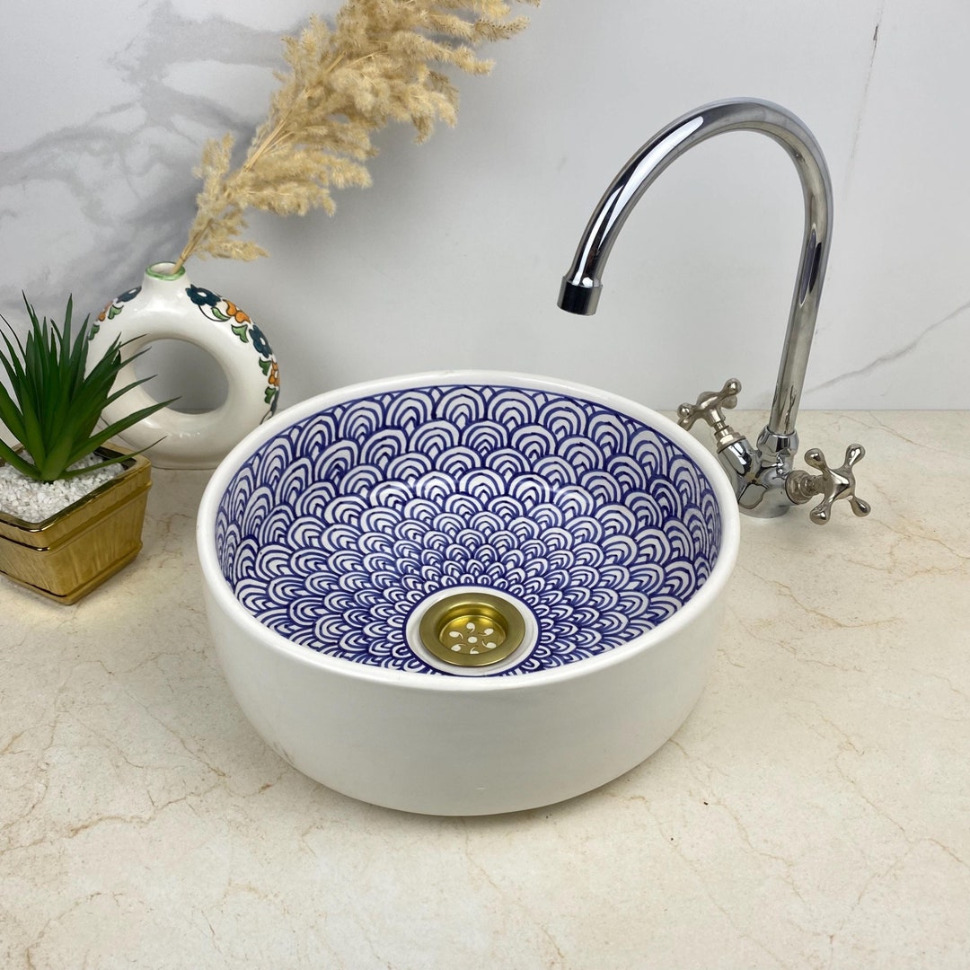 Round Bathroom Vessel Sink Vanity - Handmade Ceramic Wash Basin ...