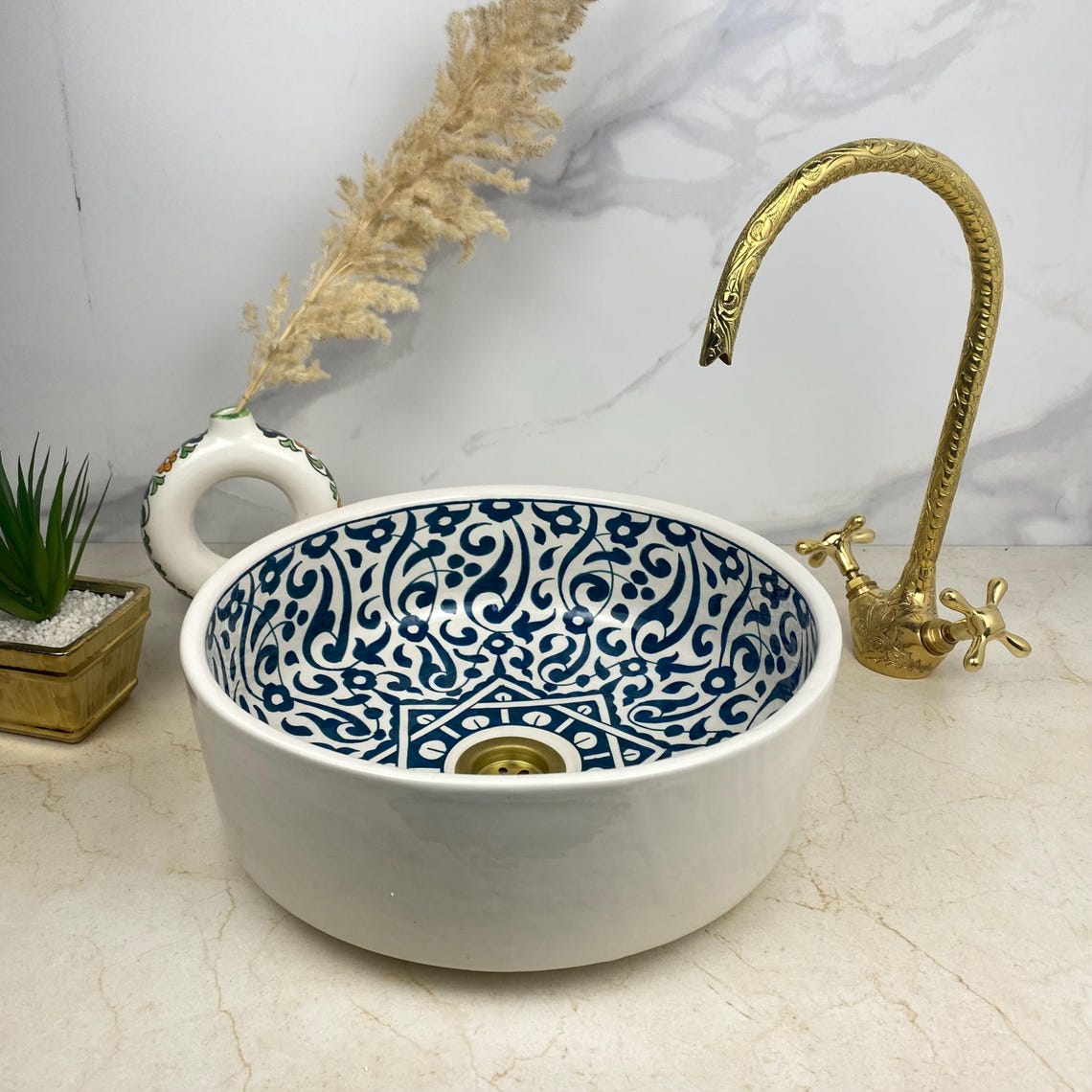 Custom Made Natural Blue Modern Flower Bathroom Vessel Washbasin ...