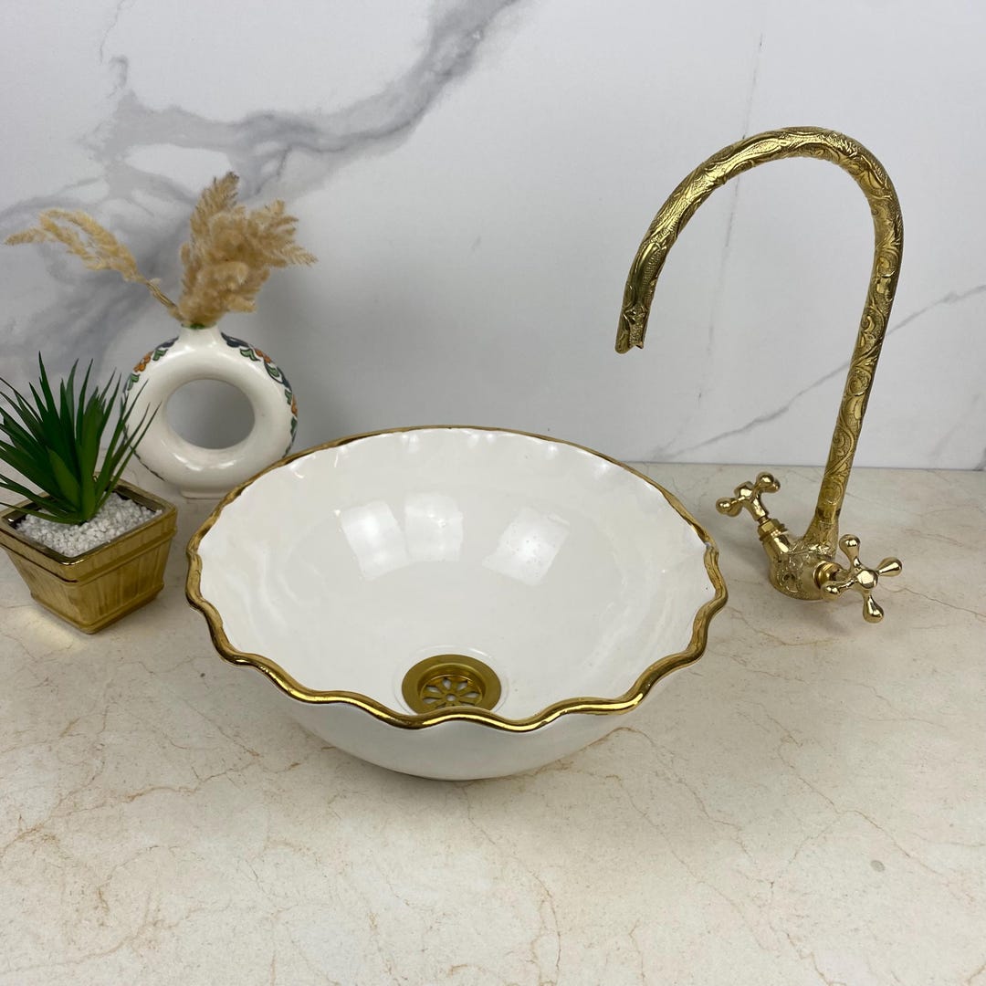 Ceramic Wash Basin With Brass Rim- Handmade Moroccan Basin Sink - Etsy