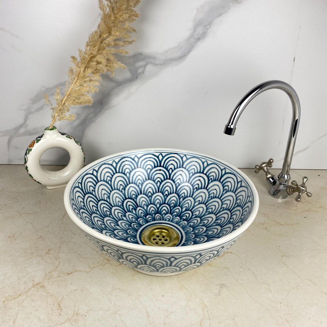 Blue and White Ceramic Wash Basin With White Rim- Handmade Moroccan ...