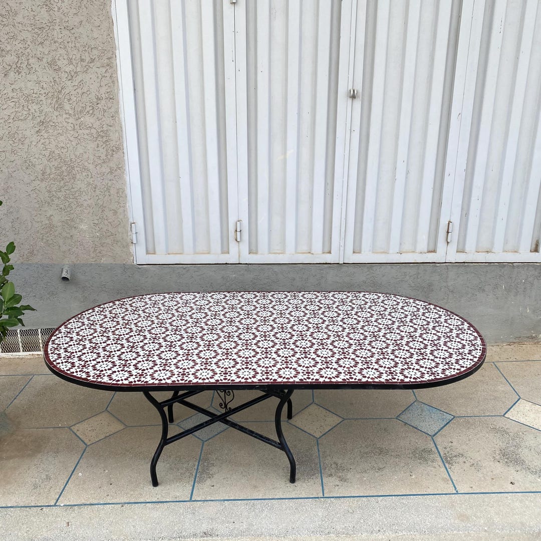 Handmade Moroccan Mosaic Tile Table: Burgundy & White Geometric Design ...